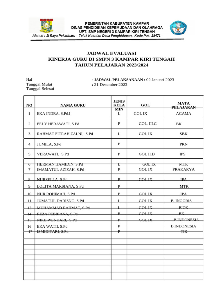 Jadwal Evaluasi PKG | PDF