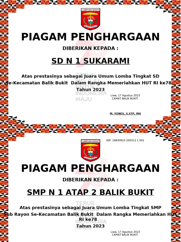 Piagam Penghargaan | PDF
