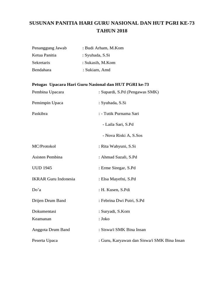 Susunan Panitia Hari Guru Nasional Dan Hut Pgri Ke | PDF