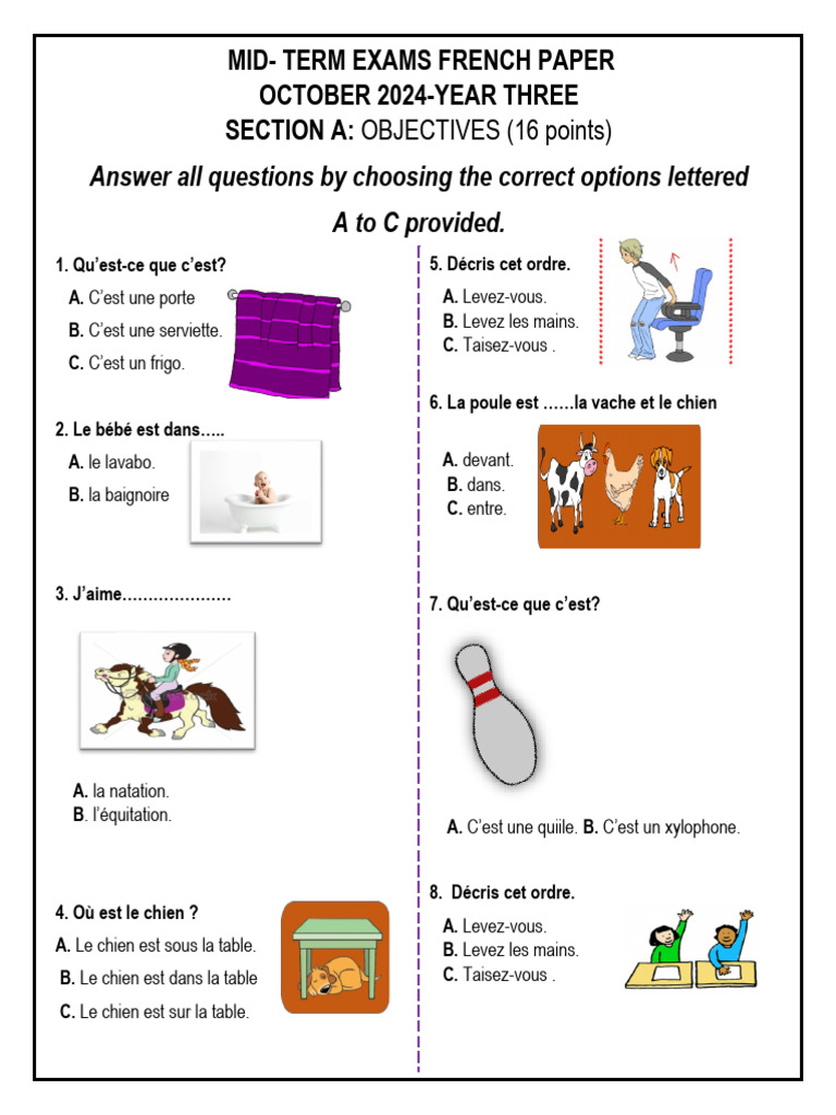 Year 3 French Mid-Term Examination October 2024 | PDF