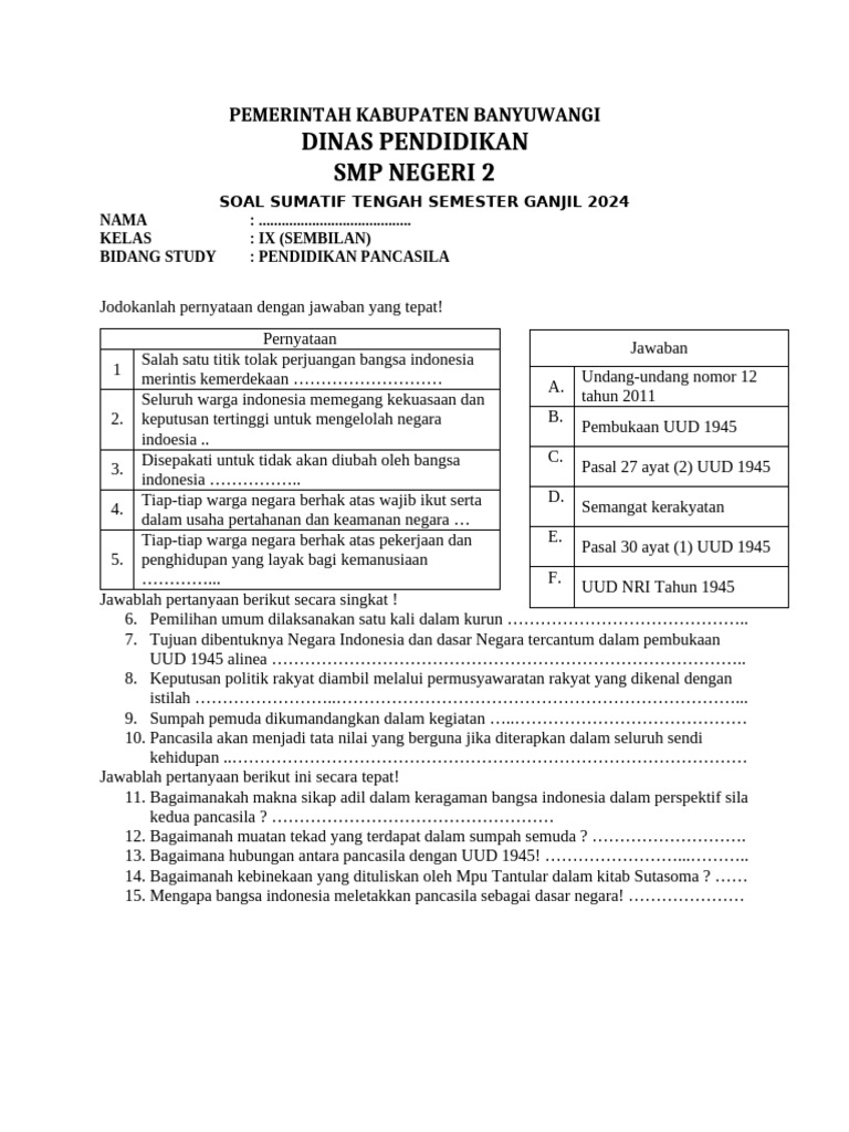Soal PTS PKN Kelas 9 | PDF | Indonesia | Social Science