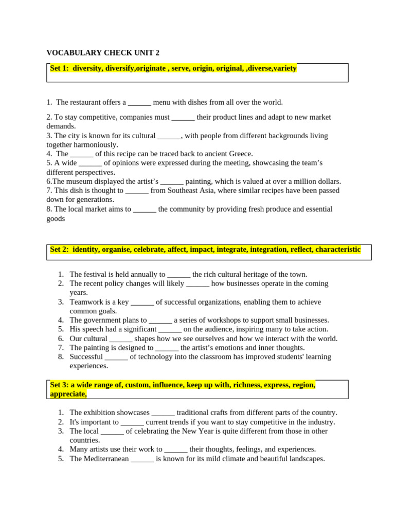 Vocabulary Check Unit 2 2 | PDF