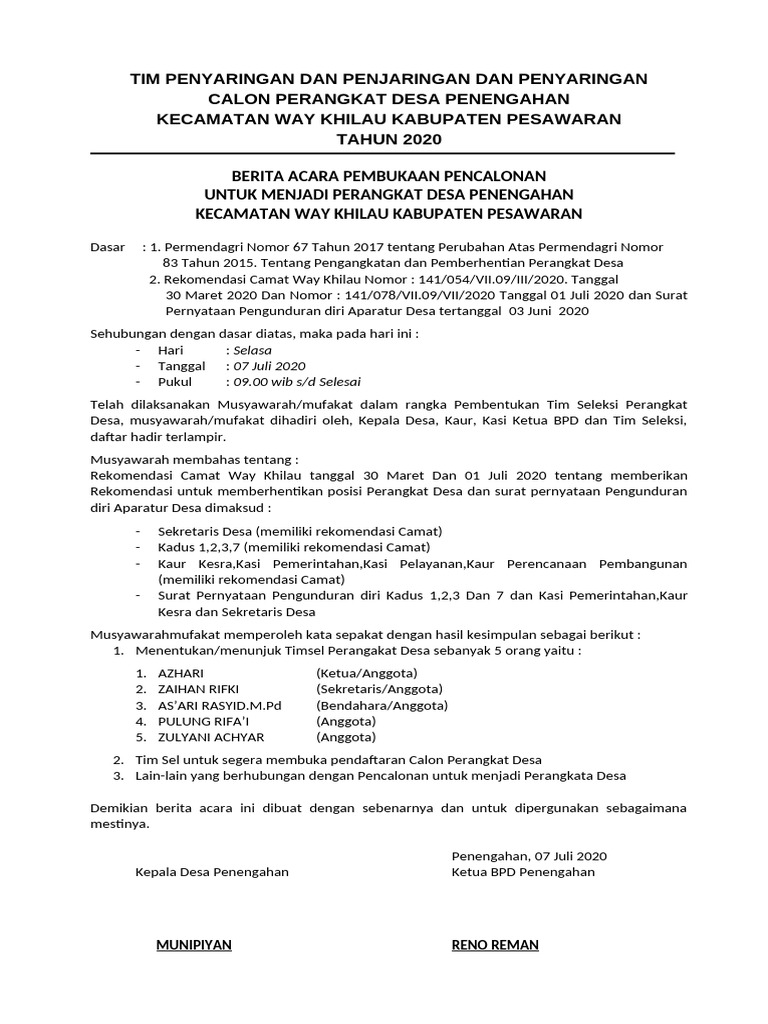 BERITA ACARA TIM SEL PERANGKAT DESA | PDF