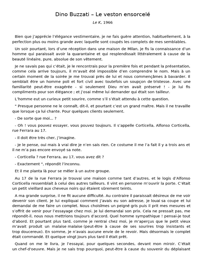 Buzzati Le Veston Ensorcele | PDF