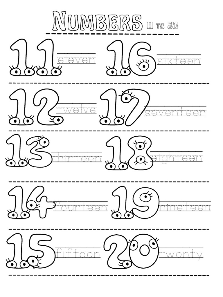 Handwriting Monster Numbers 11 To 20 English Worksheet | PDF
