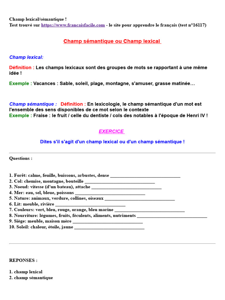 Champ Lexical/sémantique ! | PDF