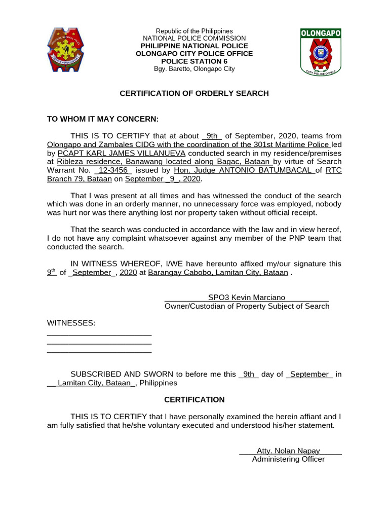 Certification of Orderly Search | PDF