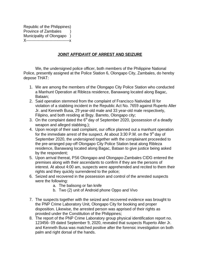 Joint Affidavit of Arrest and Seizure | PDF