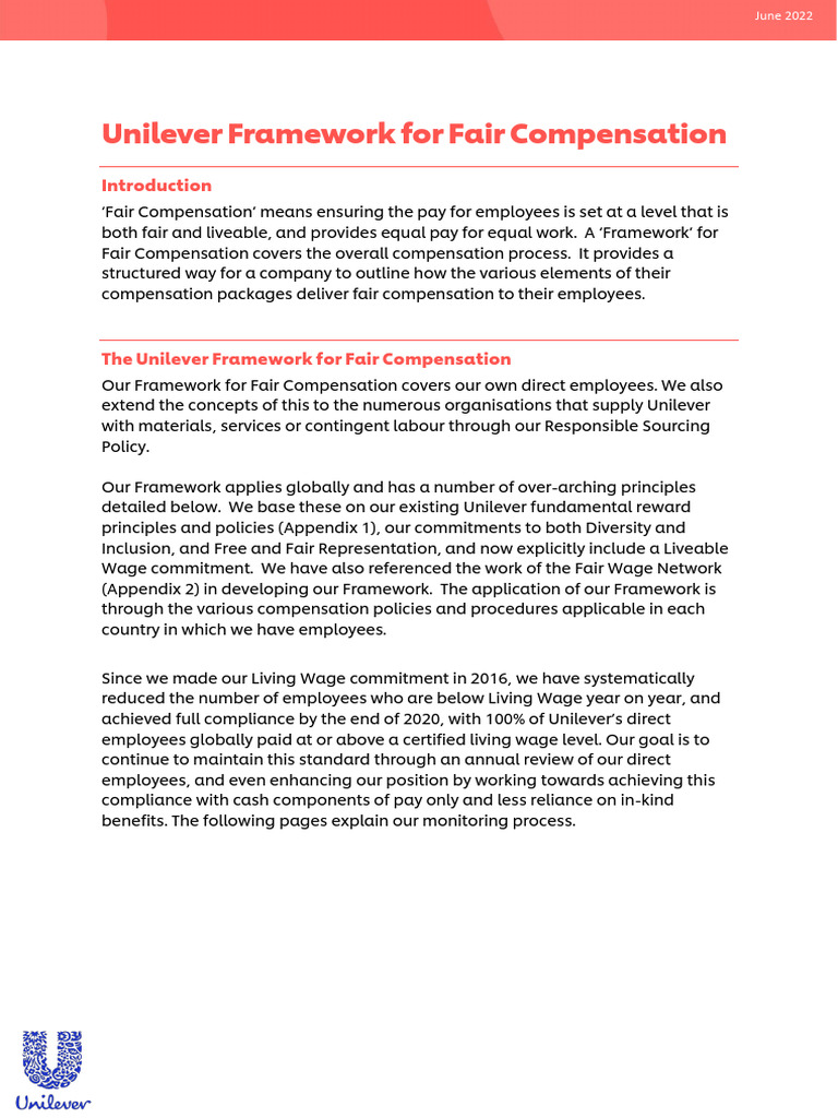 Unilever Framework For Fair Compensation 2022 | PDF