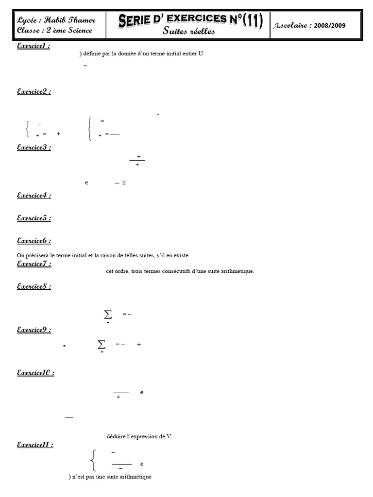Série N°11 Suite Réelle 2008 2009 (Hbib Thamer Sfax) | PDF