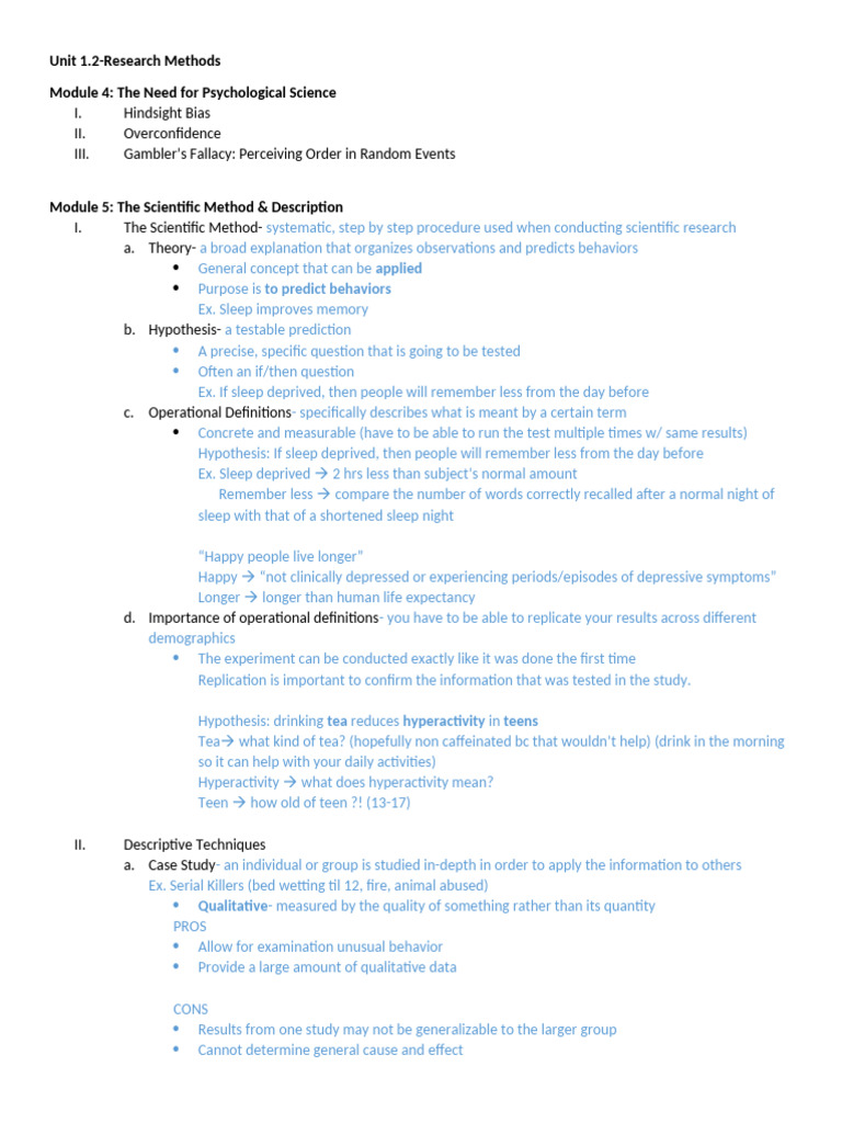 AP Psychology Outline Unit 1.2 Research Methods (with notes) | PDF