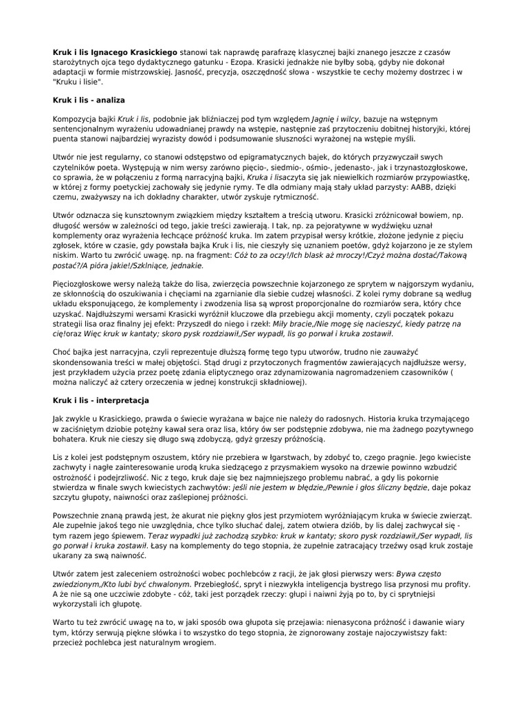 Kruk I Lis - Interpretacja Bajki | PDF