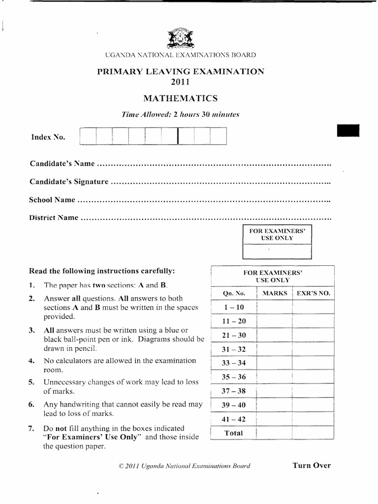 UNEB PLE Mathematics 2011 Examinations | PDF