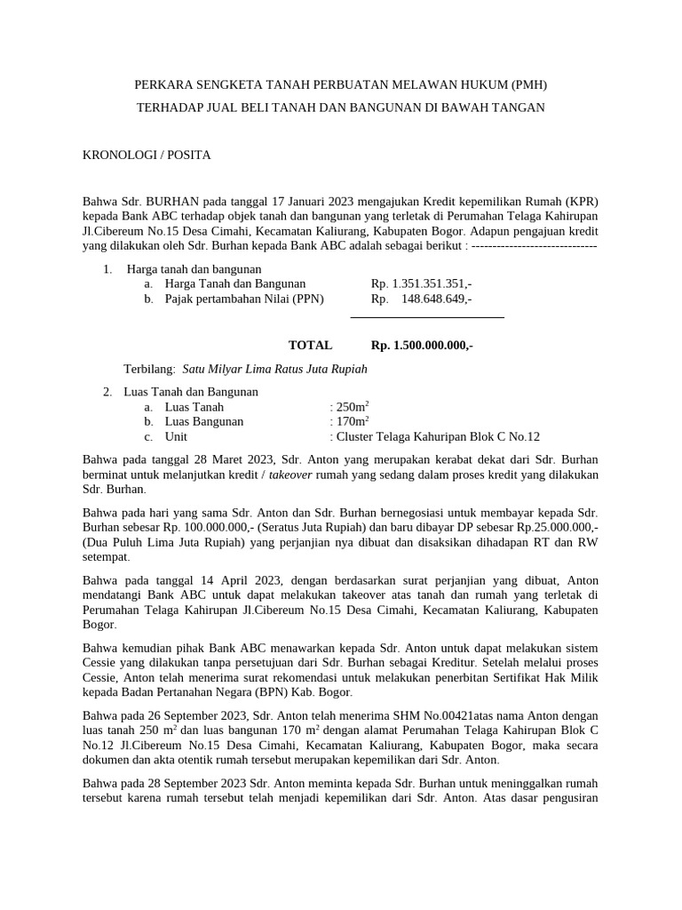 Kronologi Perkara Sengketa Tanah Perbuatan Melawan Hukum | PDF
