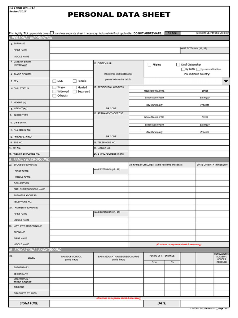 Personal-Data-Sheet-CS-Form-No.-212 DOE | PDF