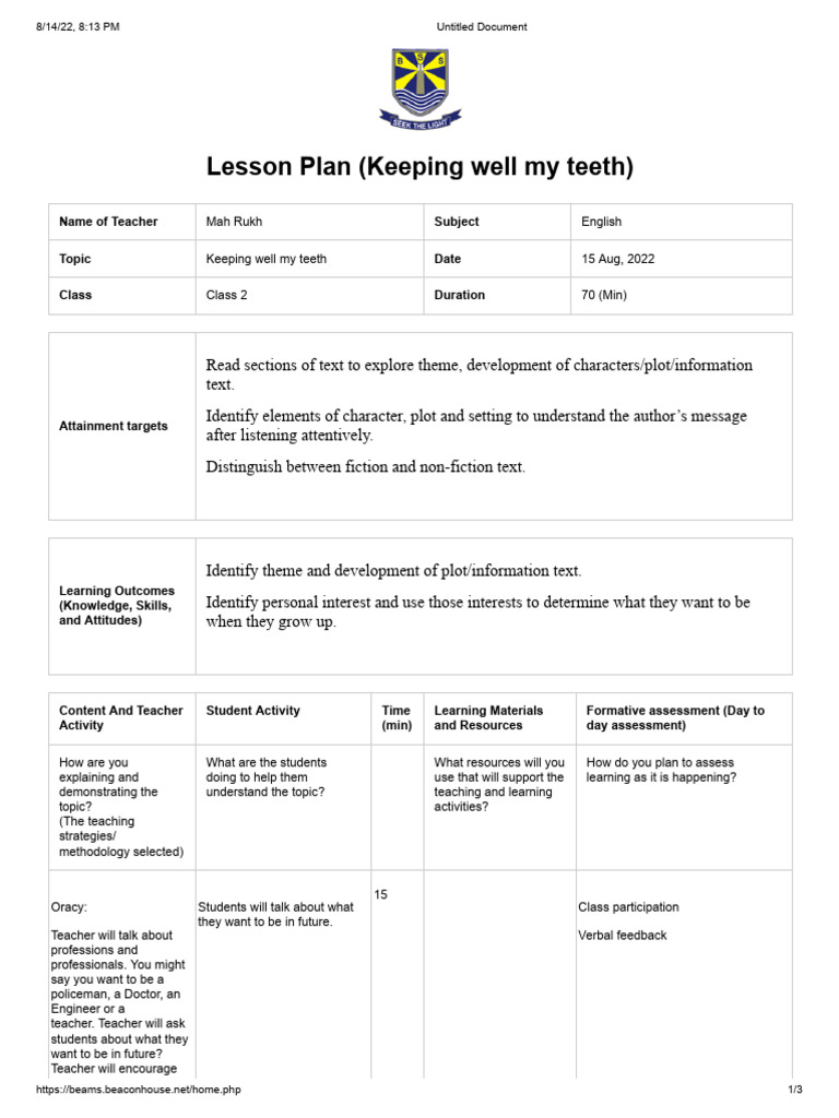 Lesson Plan: Keeping Teeth Healthy | PDF | Learning | Career & Growth