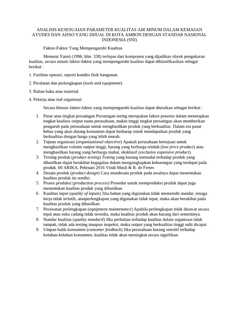 ANALISIS KESESUAIAN PARAMETER KUALITAS AIR MINUM DALAM KEMASAN AYUDES ...