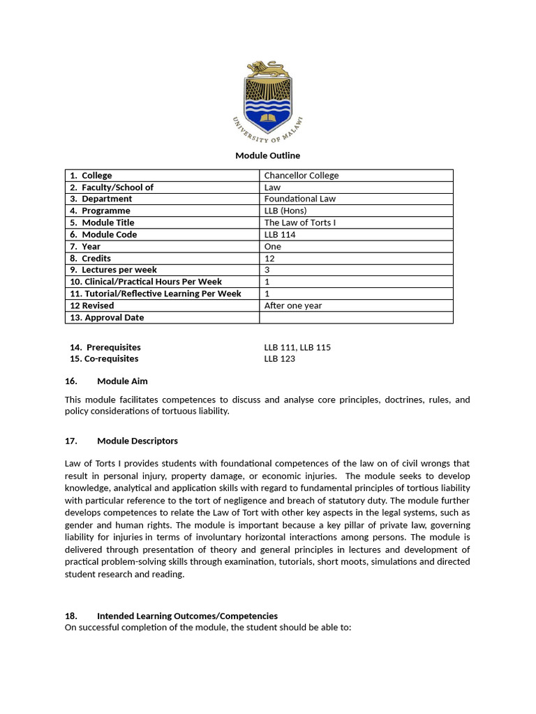 Module Outline Tort 1 | PDF Module Outline Tort 1 | PDF