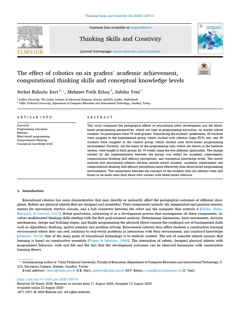 The Effect of Robotics On Six Graders' Academic Achievement, Computational Thinking Skills and ...