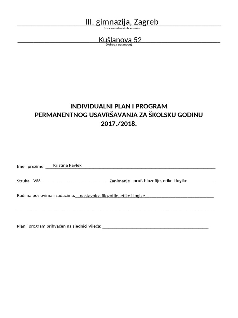 Obrazac Za Individualno Usavrsavanje | PDF