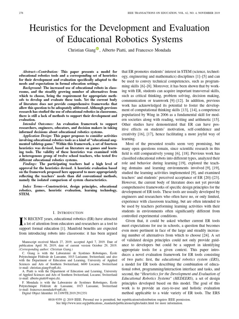 Heuristics For The Development and Evaluation of Educational Robotics Systems | PDF