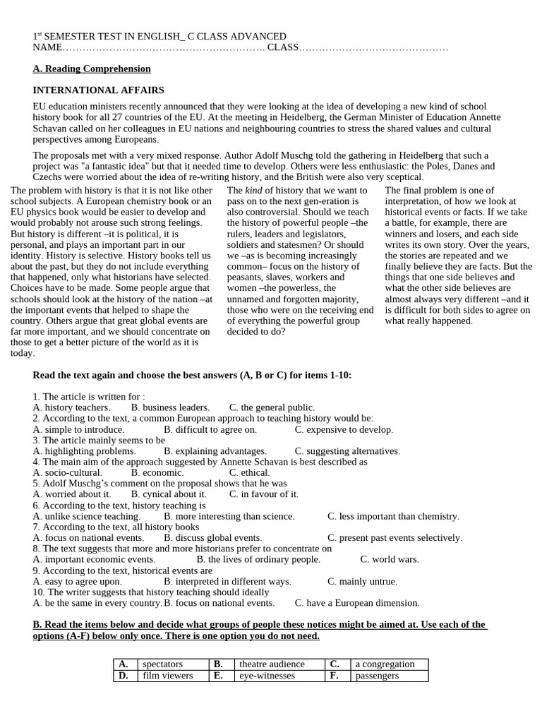 1st Semester Test in C Class - Advanced | PDF