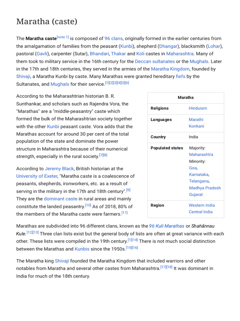 Maratha (Caste) - Wikipedia | PDF