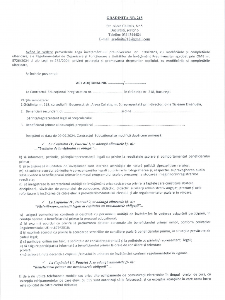 Act Aditional La Contractul Educational, 2024-2025 | PDF