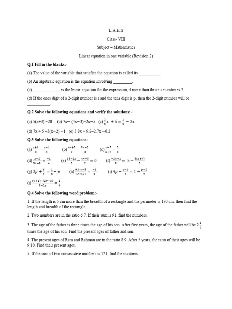 Class 8 Ch-2 (Revision) | PDF | Equations | Mathematical Analysis