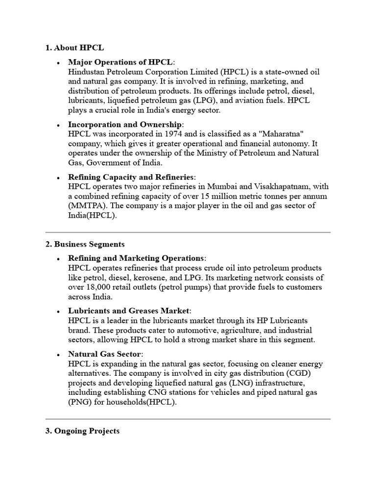 About HPCL Major Operations of HPCL | PDF