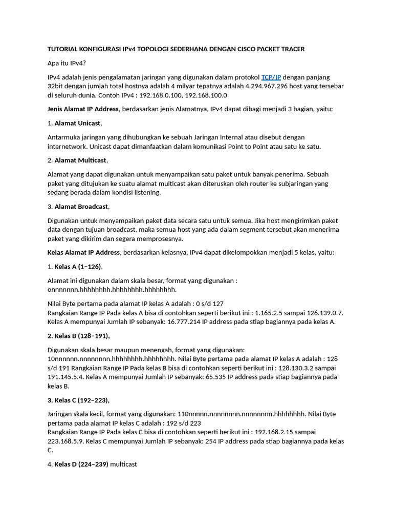 TUTORIAL KONFIGURASI IPv4 TOPOLOGI SEDERHANA DENGAN CISCO PACKET TRACER | PDF
