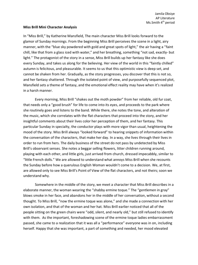 Miss Brill Mini Character Analysis | PDF