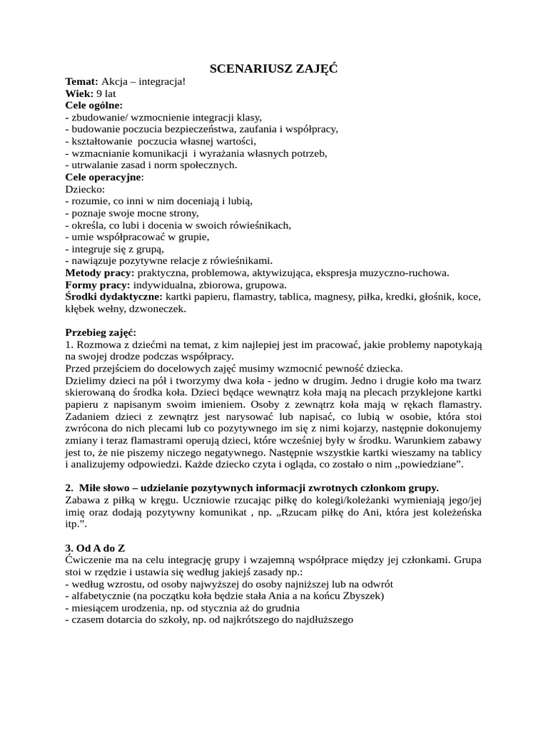 Scenariusz Integracja 2 | PDF