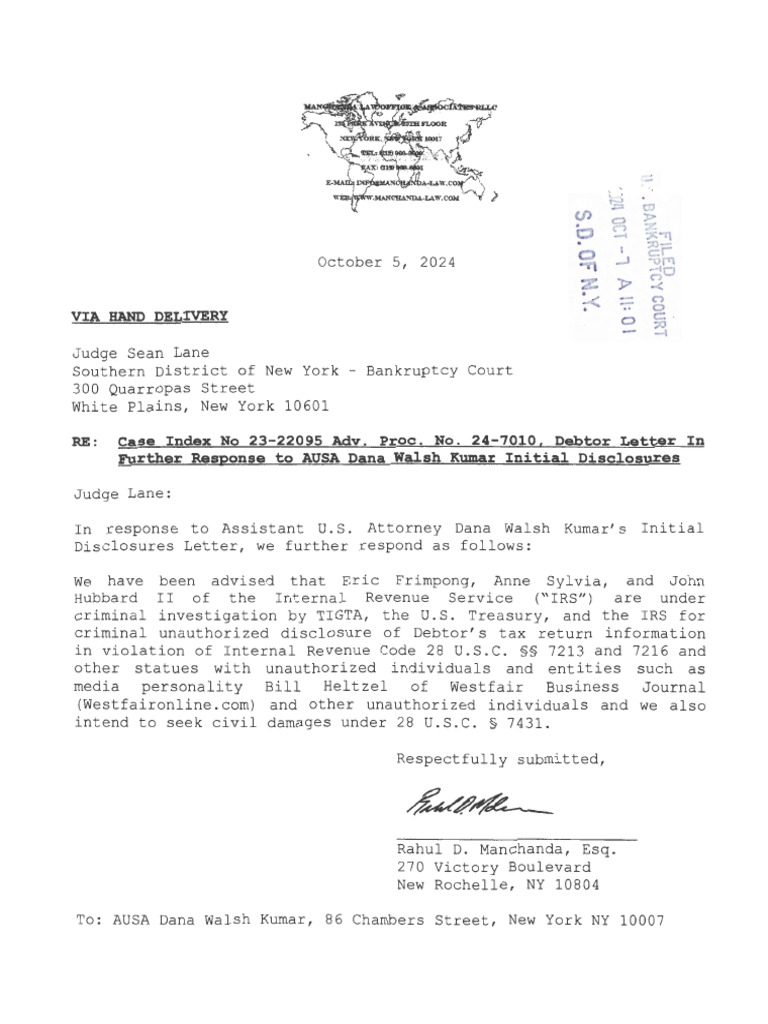 Debtor Letter in Further Response To AUSA Dana Walsh Kumar Initial ...