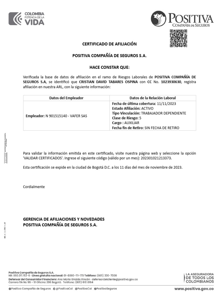 CERTIFICADO DE AFILIACION ARL POSITIVA CRISTIAN | PDF