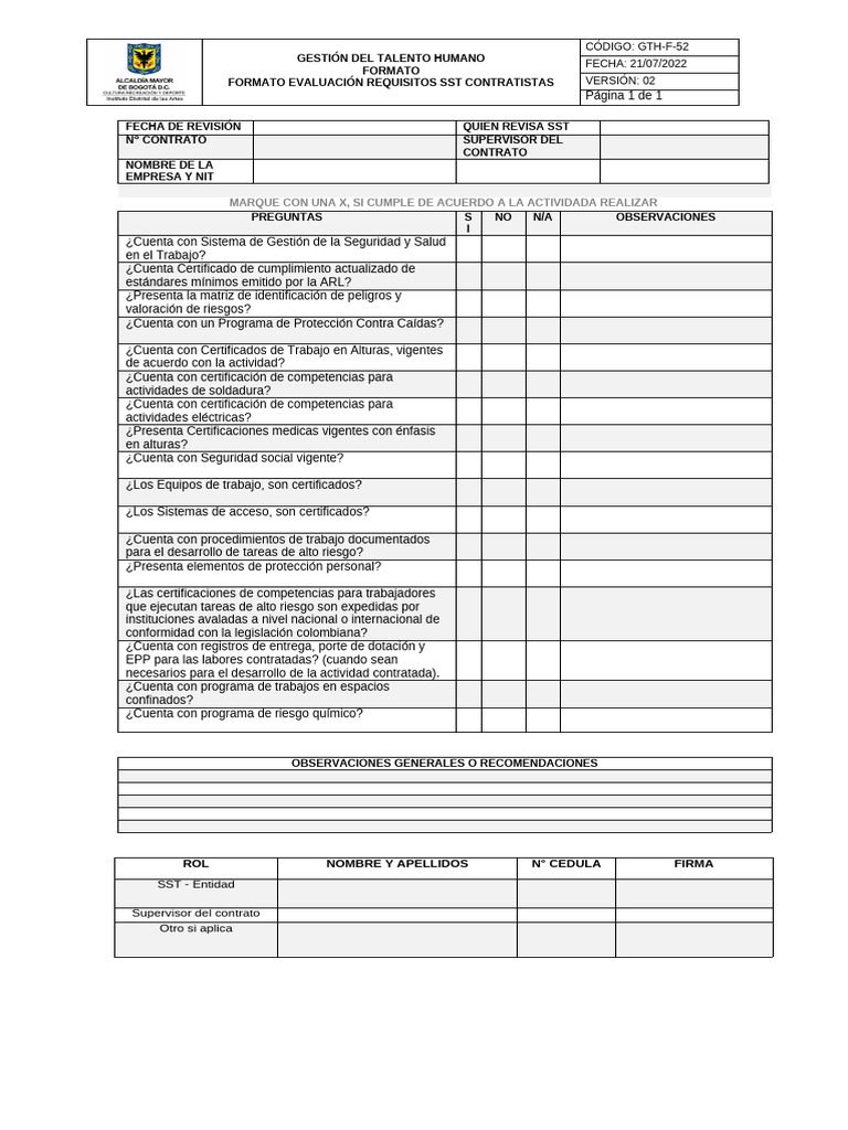 Formato de Evaluación de Requisitos SST Contratistas | PDF