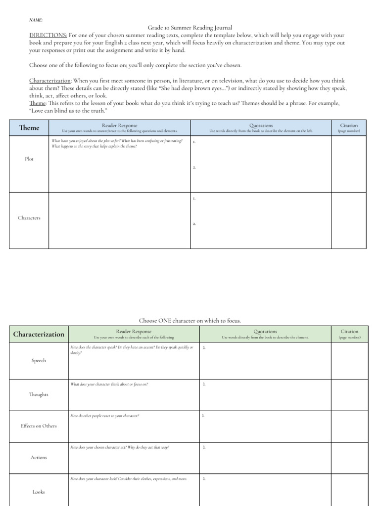 Summer Reading Journal - Grade 10 | PDF