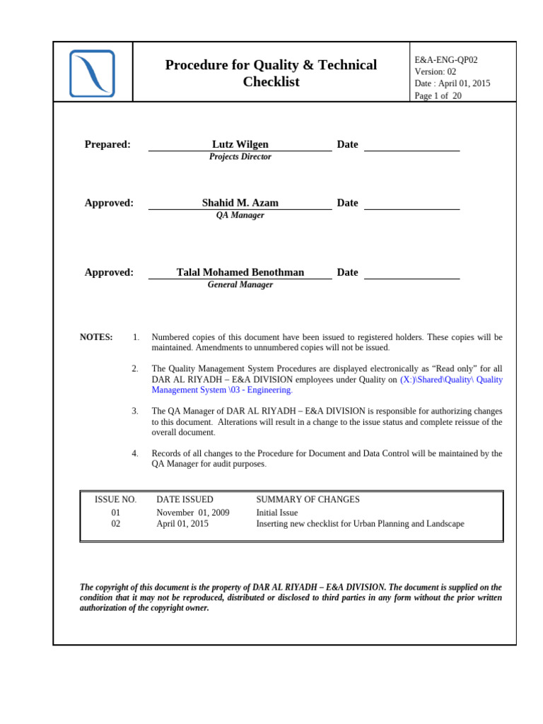 E&a-EnG-QP02 - Procedure for Quality and Technical Check List | PDF