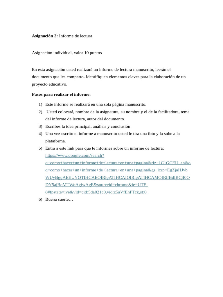 Asignacion 2 Informe de Lectura, Proyecto Pedagogicco | PDF