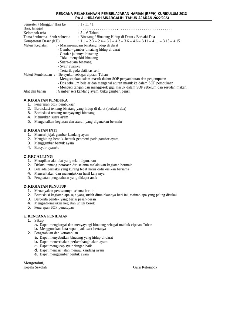 RPPH TK-B SMT1 Minggu - 11 - Binatang Sub Tema Binatang Hidup Di Darat | PDF