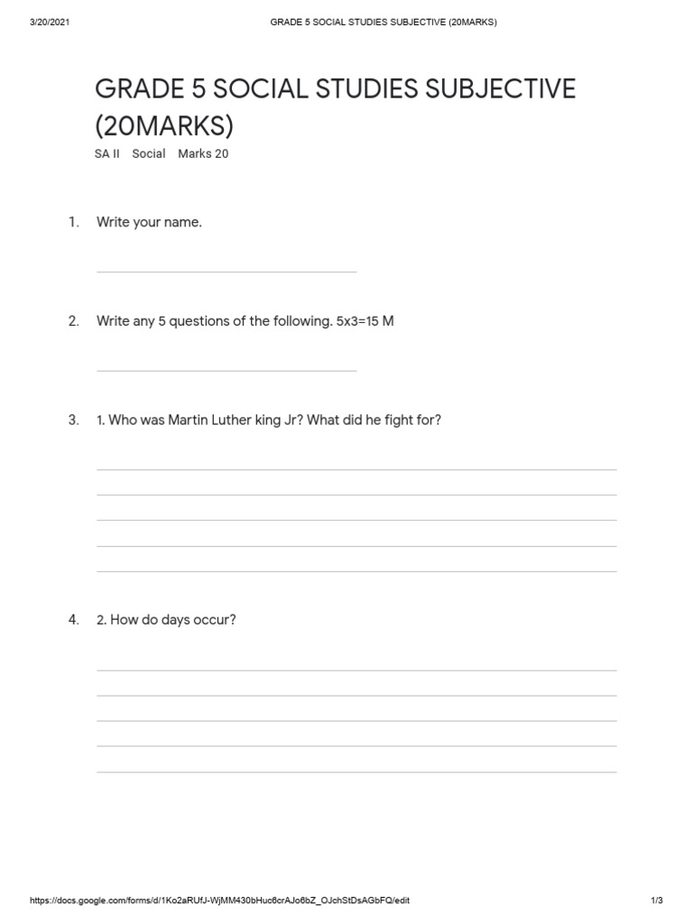 GRADE 5 SOCIAL STUDIES SUBJECTIVE (20MARKS) - Google Forms | PDF