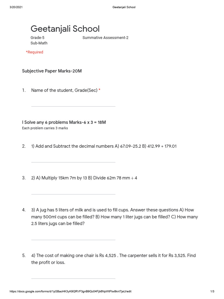 Grade5,Math(SA-2) subjective paper - Google Forms | PDF