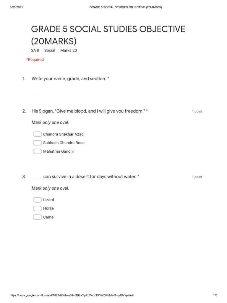 GRADE 5 SOCIAL STUDIES OBJECTIVE (20MARKS) - Google Forms | PDF