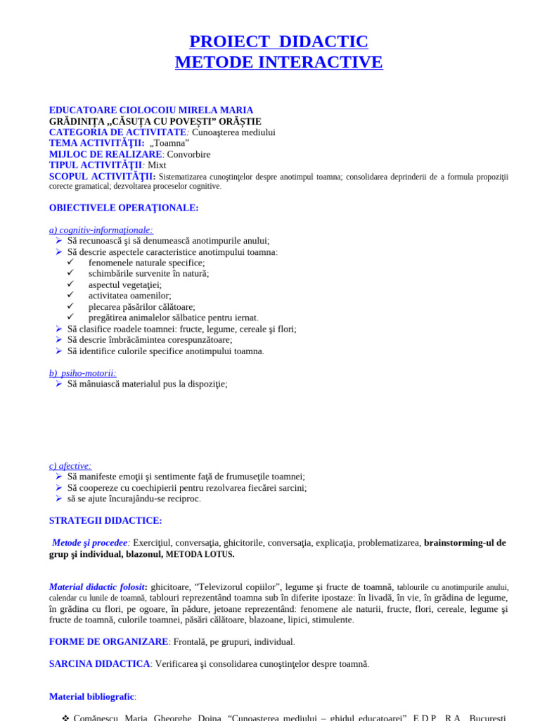 Proiectdidactic Toamna Convorbire 1 | PDF