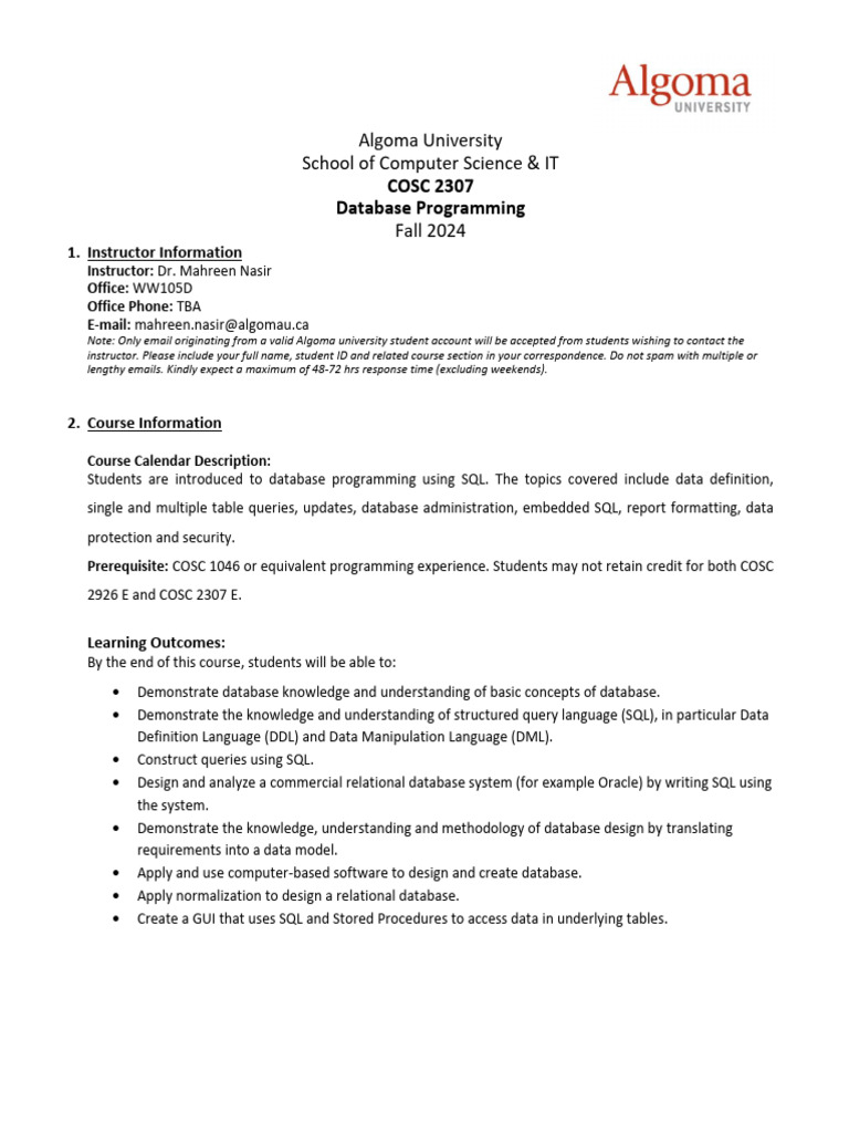 COSC2307 Syllabus 24F Dr. Nasir | PDF