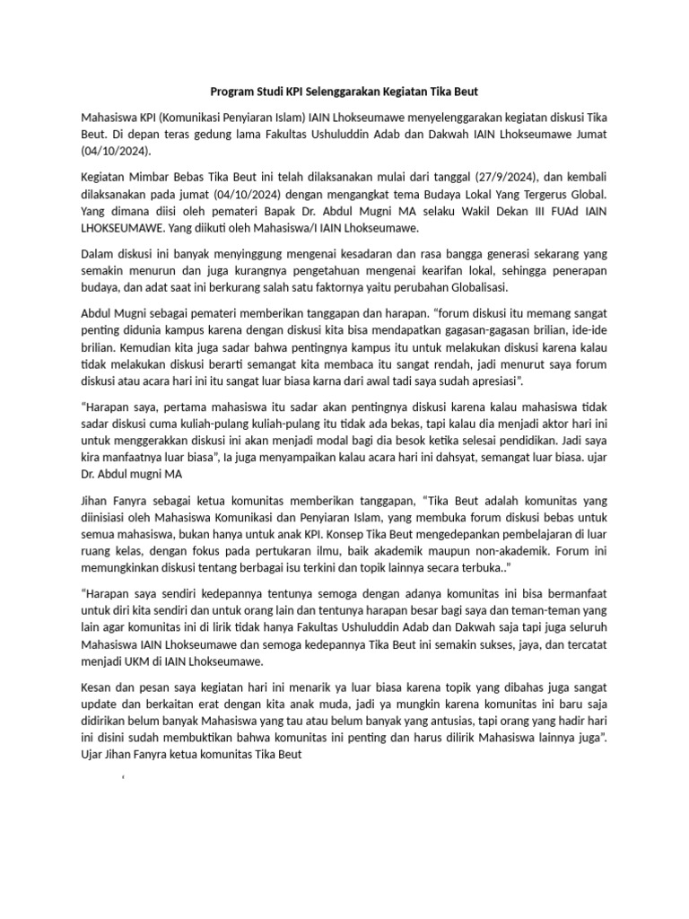 Program Studi Kpi Selenggarakan Kegiatan Tika Beut | PDF
