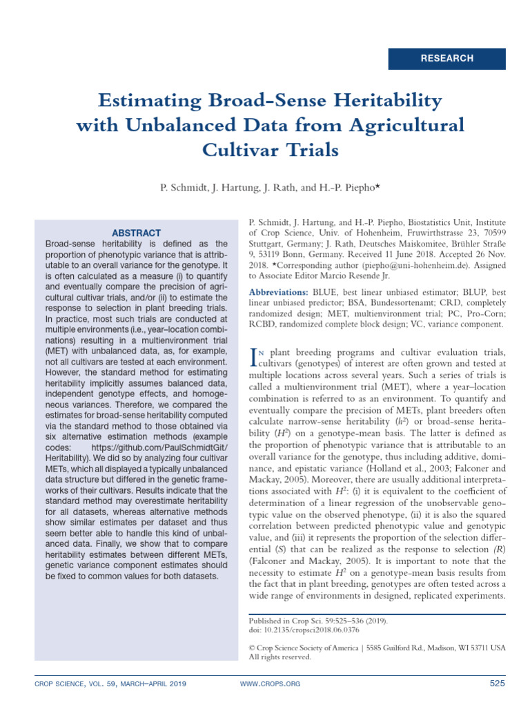 2019 Crop Sci (Broad Sense Heritability With Unbalanced Data) | PDF ...