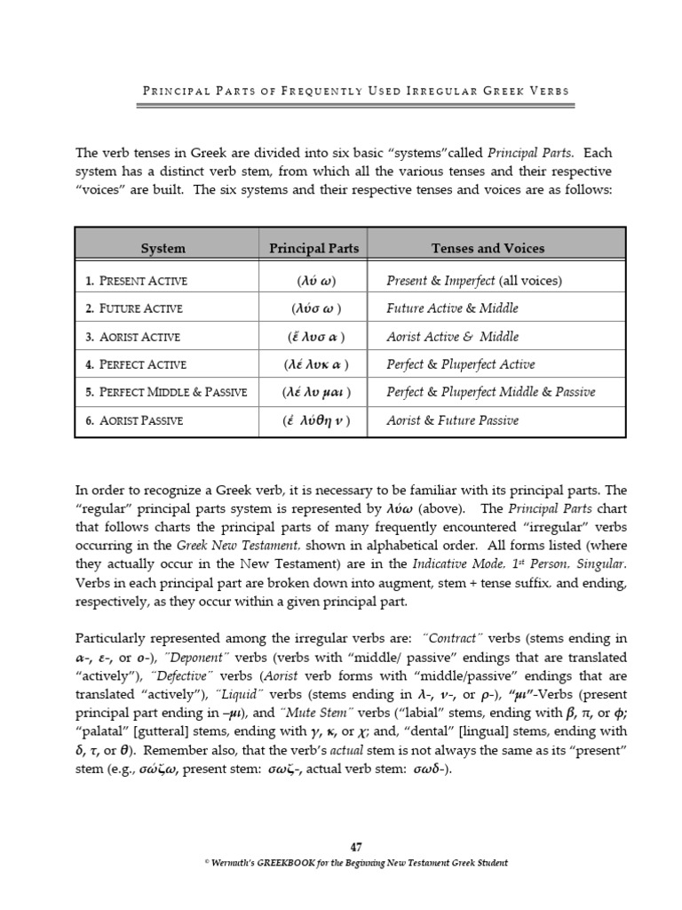 Principal Parts of Greek Verbs Chart | PDF | Linguistic Typology | Syntax