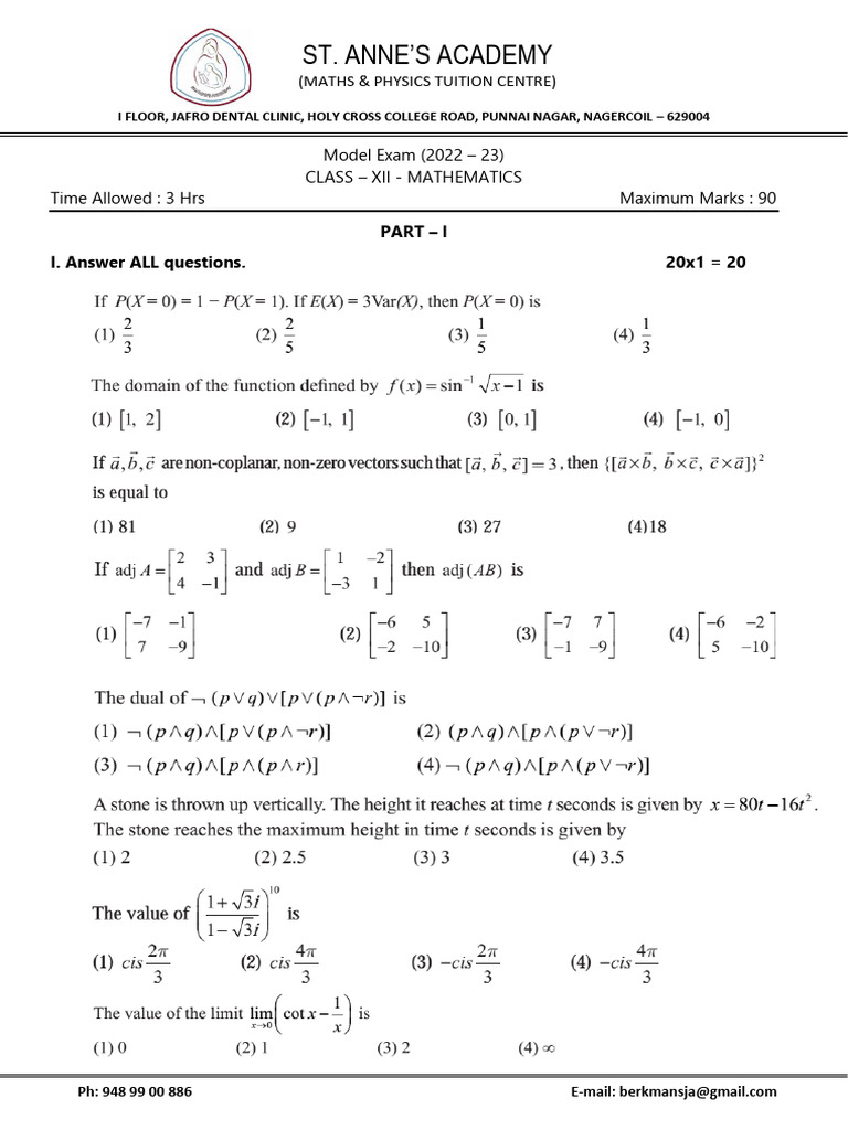 12th Maths EM Public Exam 2023 Model Question Paper English Medium PDF Download | PDF