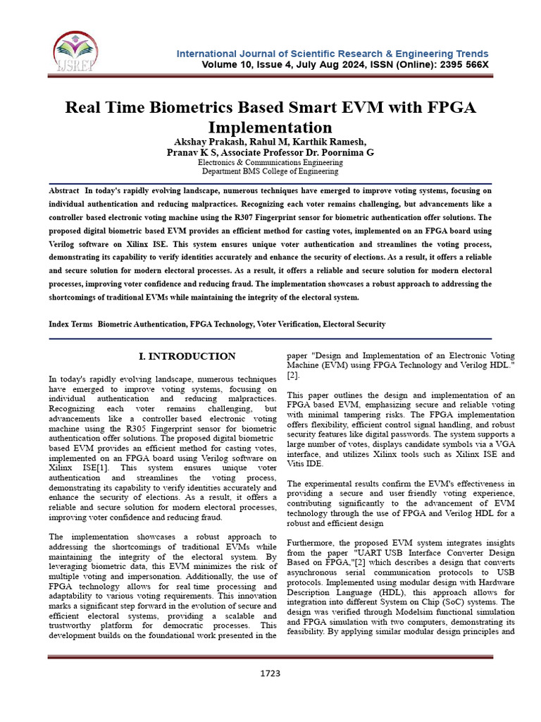 Real Time Biometrics Based Smart EVM with FPGA | PDF